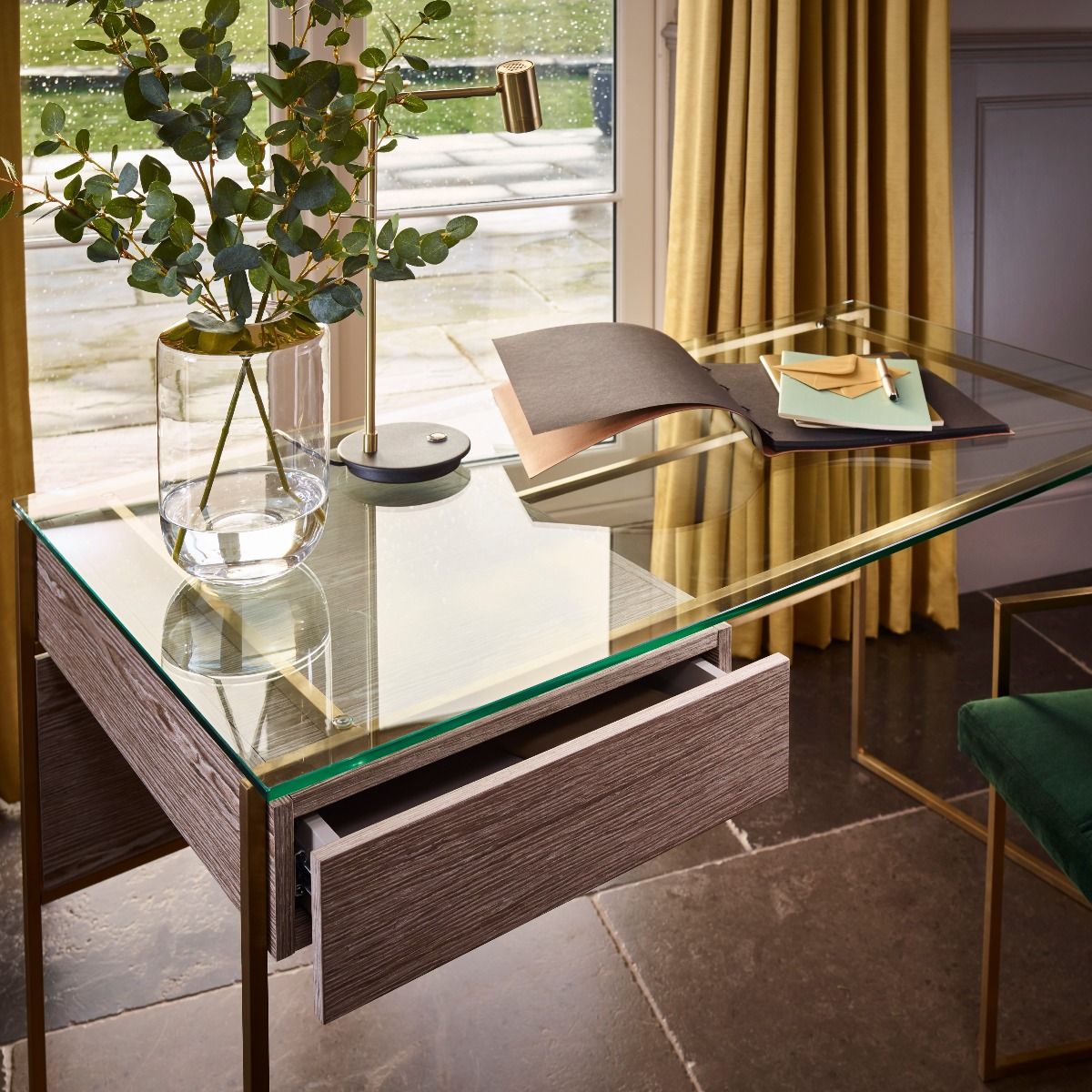 Gillmore Federico Desk Clear Glass Top Black Stained Oak Drawer Pol LOUNGELIVING.CO.UK